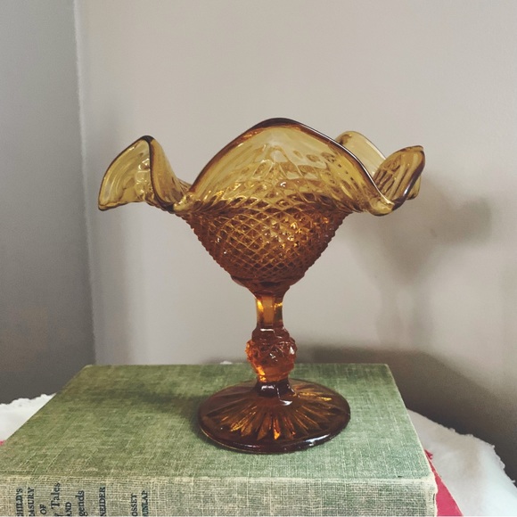 ivima | Accents | Vintage Amber Pressed Glass Diamond Point Compote ...